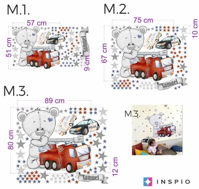 Samolepky na zeď pro kluky - Zásahová auta a medvídek do dětského pokoje