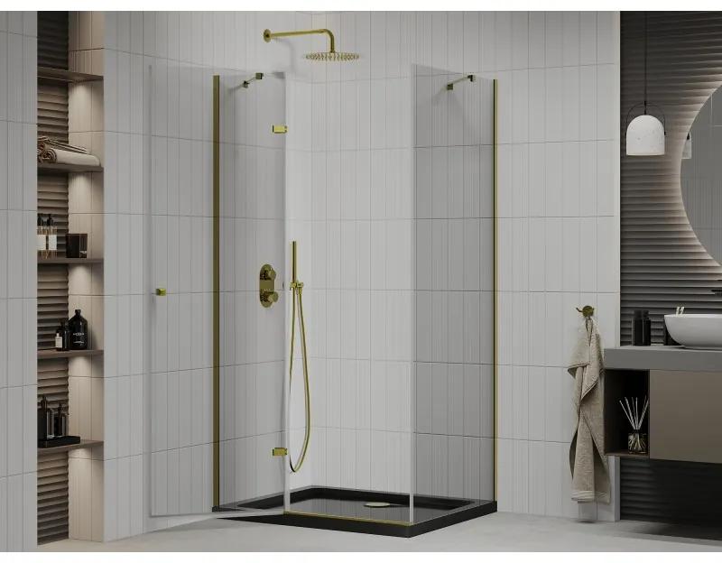 Mexen Roma sprchový kout s otočnými dveřmi 120 x 80 cm, Průhledné, Zlatá + sprchová vanička Flat, Černá - 854-120-080-50-00-4070