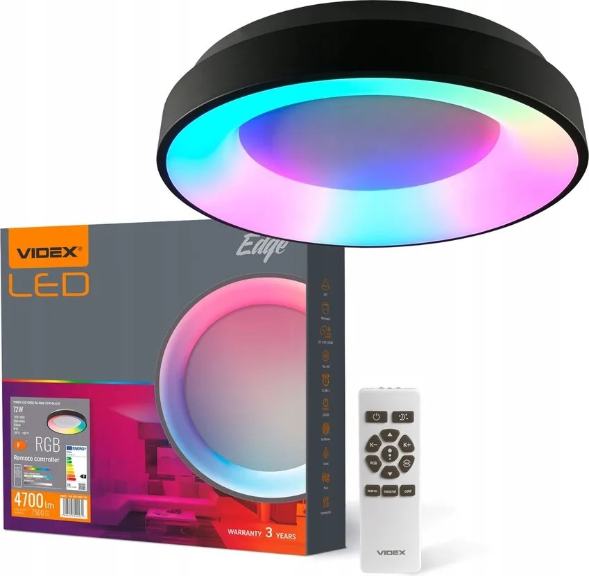Led Závěsné Svítidlo Stmívatelné S Dálkovým Ovládáním Videx Led Edge Rgb 72W Černé
