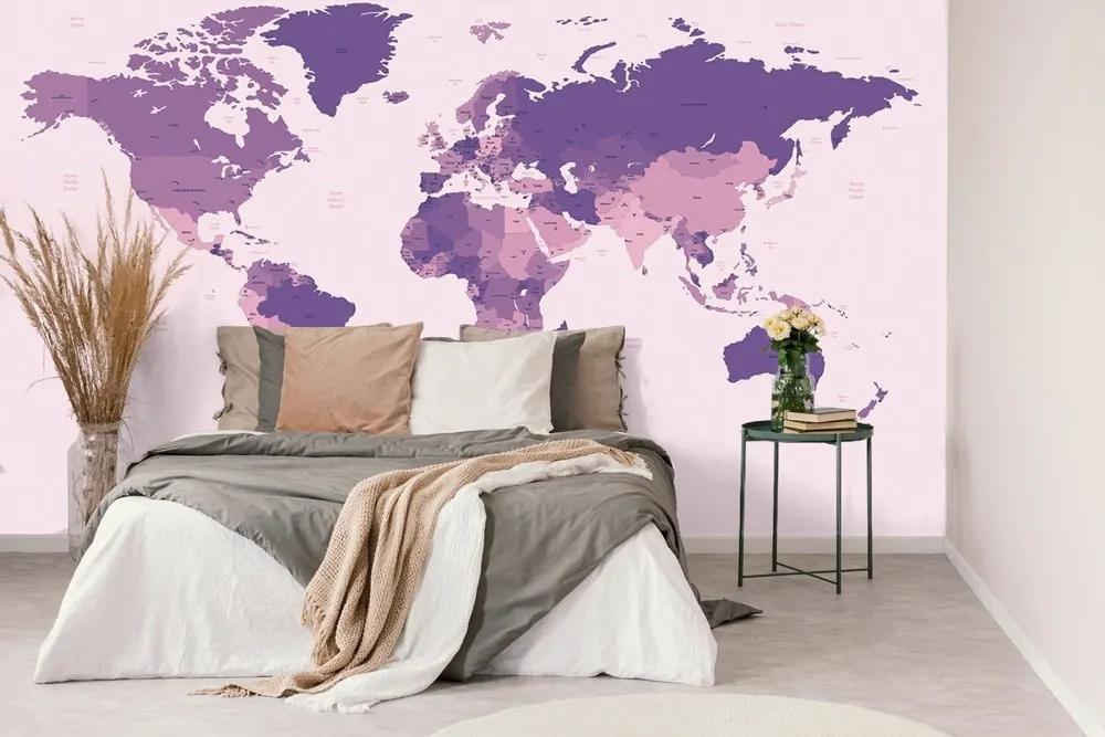 Samolepící tapeta detailní mapa světa ve fialové barvě - 300x200 cm