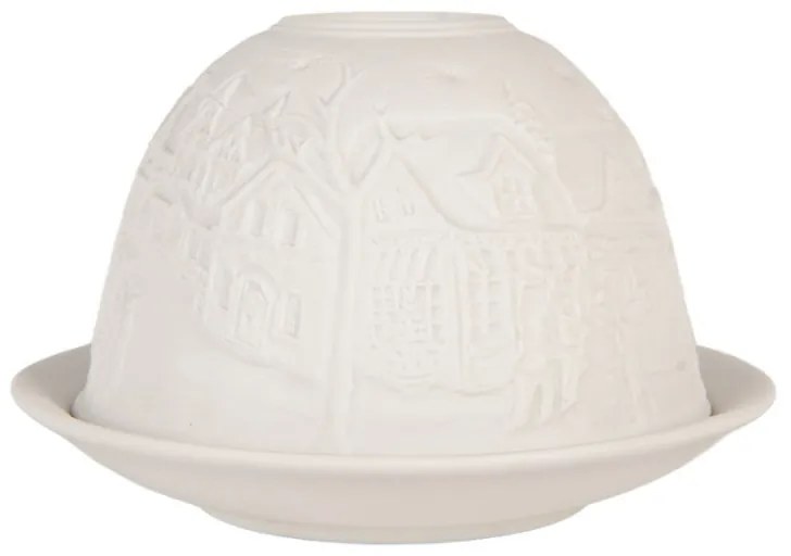 Bílý porcelánový svícen na čajovou svíčku s vánočním tradičním městečkem – 12x8 cm