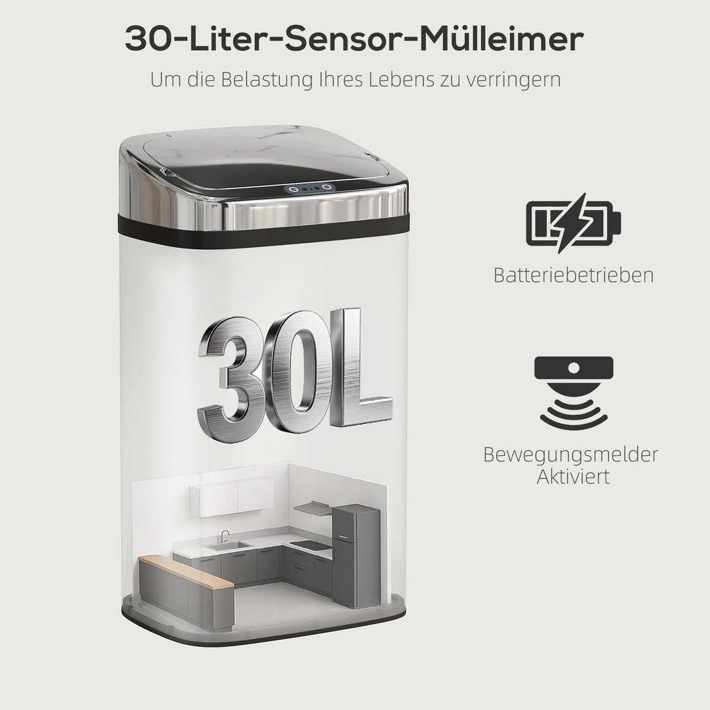 HOMCOM Senzorový odpadkový koš 30L automatický odpadkový koš s pohybovým senzorem pro kancelář, ložnici