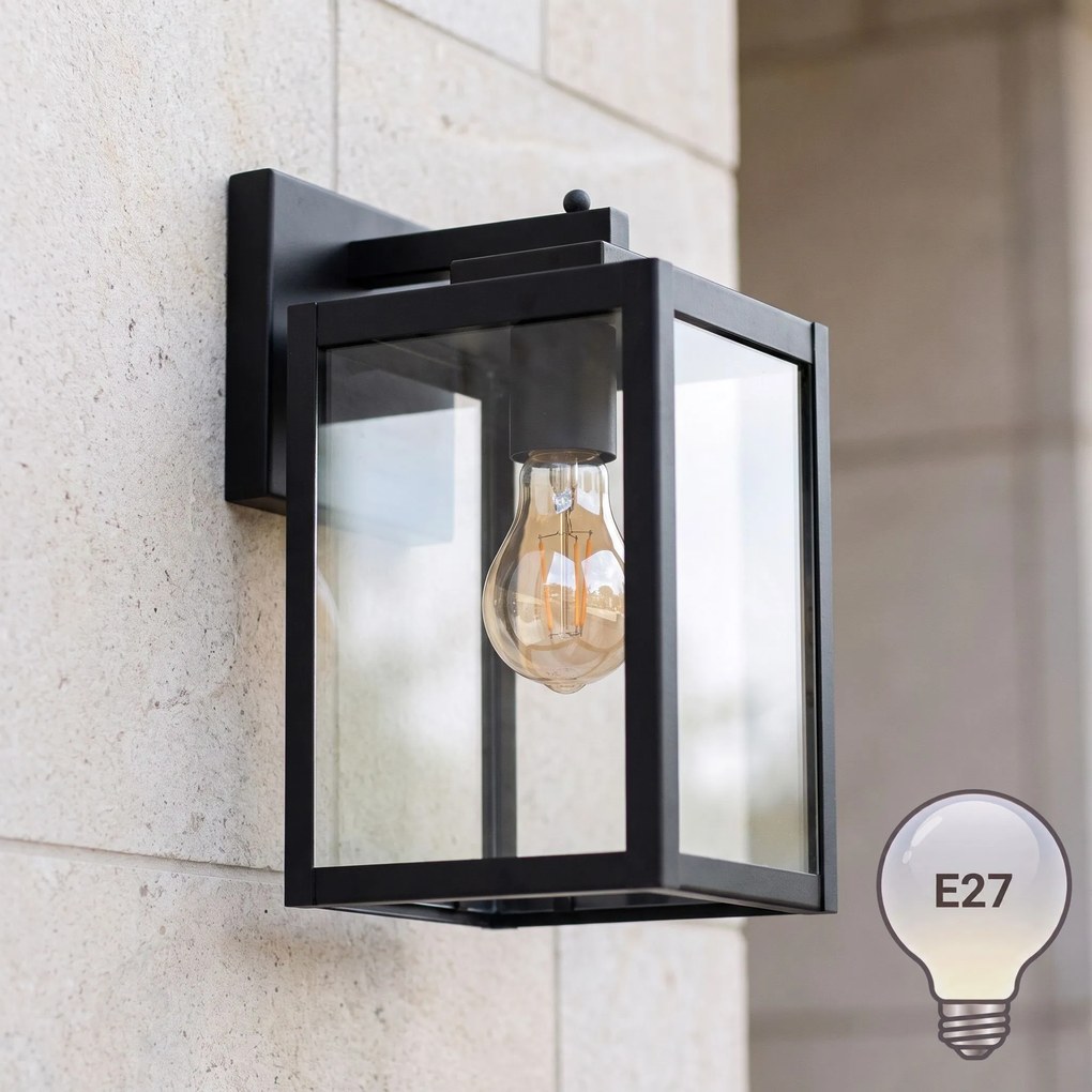 Toolight Toolight, JNH038-1G, venkovní nástěnné svítidlo se skleněnými tabulkami, 1× E27, IP44, černá matná, OSW-56224