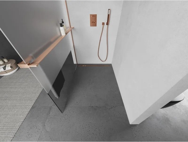 Mexen Kioto+ L, sprchová zástěna Walk-In s poličkou a věšákem 90 x 200 cm, 8mm čiré sklo-námraza, měděný matný profil, 800-090-123-65-35