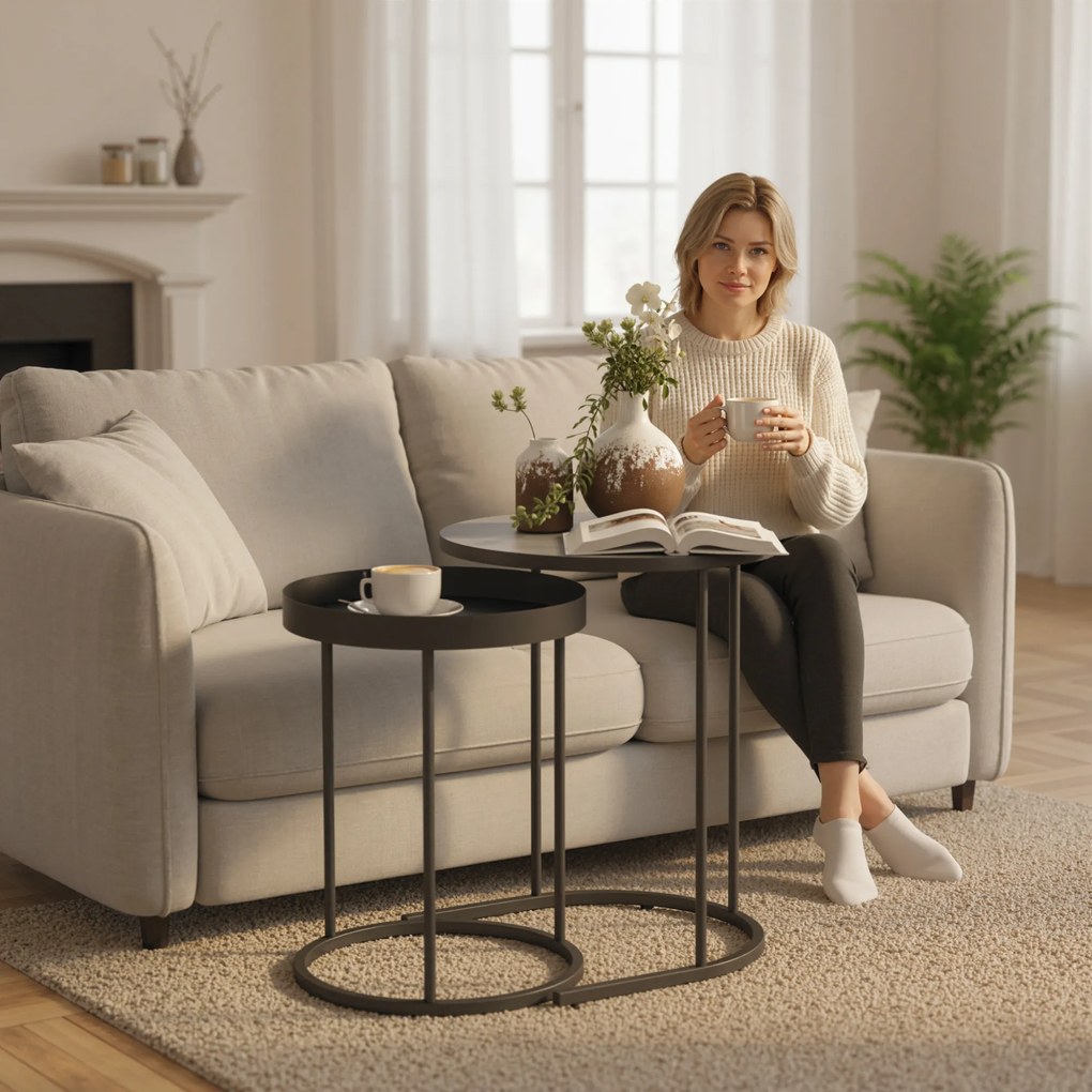 HOMCOM Sada 2 obývacích stolů, zasouvací, design podnosu, kov, šedá