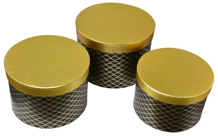 Set 3ks černo-zlatý kulatý úložný box - Ø 25*17 / Ø 23*16 / Ø 21*14 cm
