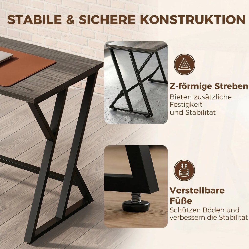 HOMCOM počítačový stůl 120 × 60 cm – industriální Z-rám, patinovaná šedá