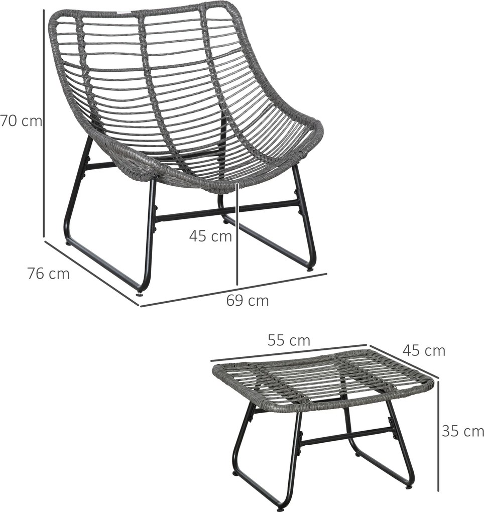 Outsunny ratanové relaxační křeslo s podnožkou zahradní křeslo venkovní ratanové křeslo s polštářem, ocel a polyester, šedé 69x76x70 cm pro zahradu a…