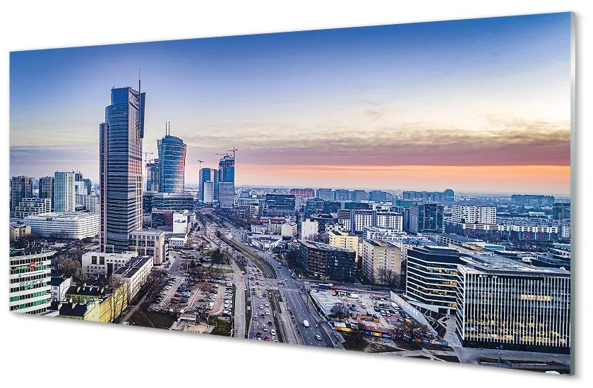 akrylový obraz Panorama Varšavy mrakodrapů svítání 100x50 cm