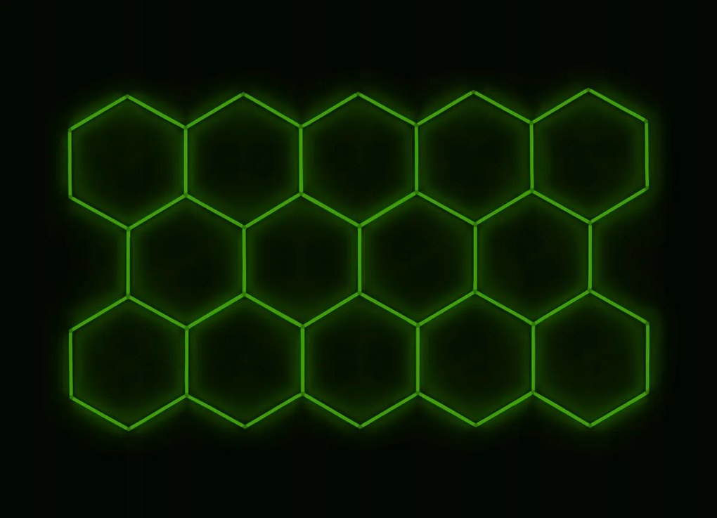 Kompletní Led hexagonové svítidlo zelené, rozměr 14 elementů 420 x 238 cm