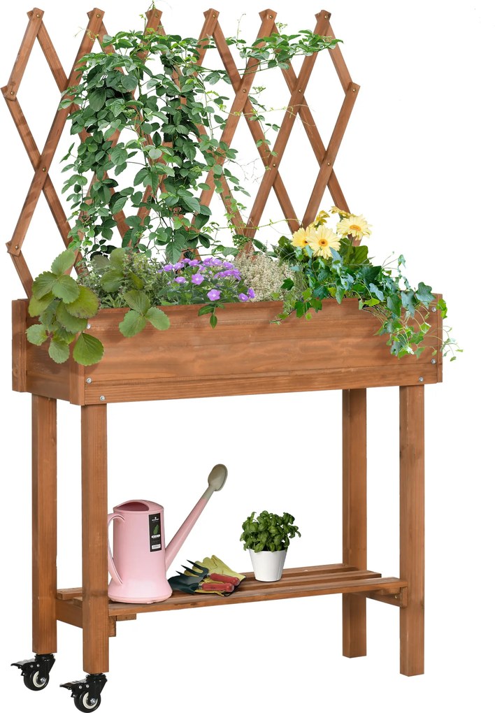 Vyvýšený záhon Outsunny s mřížovým truhlíkem na kolečkách s policí z masivního dřeva na terasu a zahradu v hnědé barvě 79x29x130cm