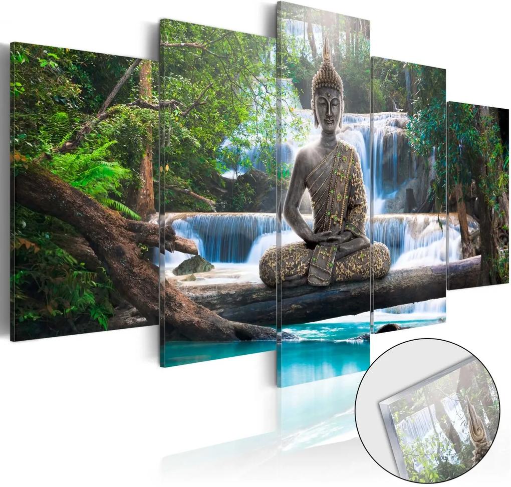 Obraz na akrylátovém skle - Buddha and Waterfall [Glass] - 100x50