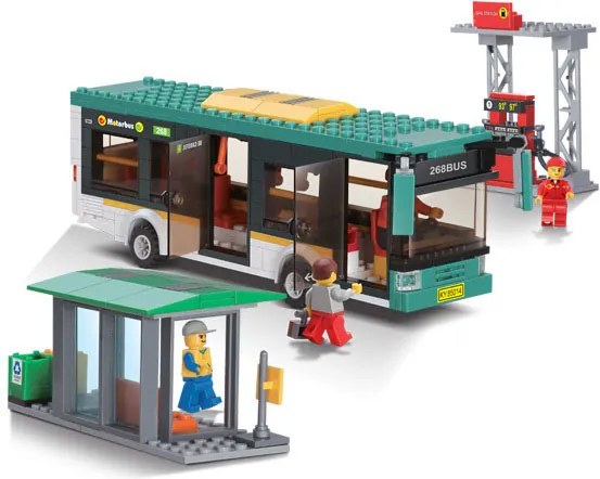 Blocki stavebnice Linkový autobus, zastávka a čerpací stanice typ LEGO 341 dílů