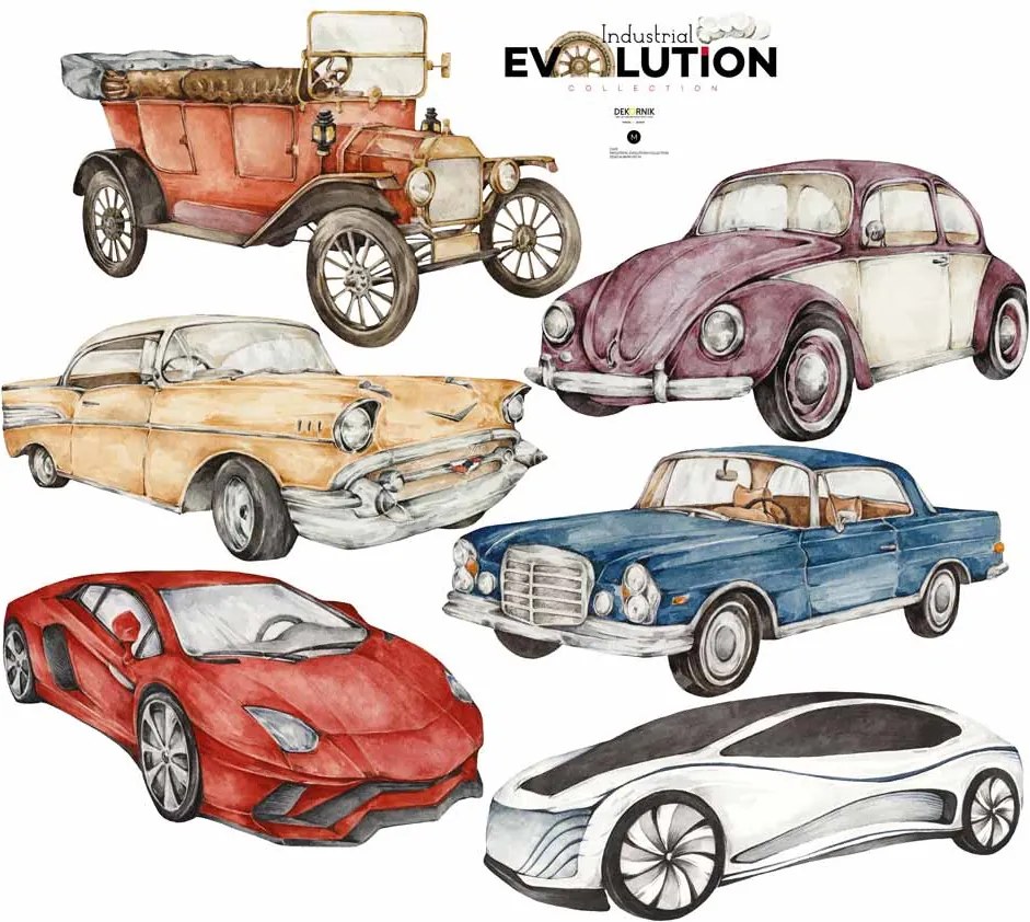 Samolepka do dětského pokoje historie automobilů/průmyslová evoluce 95×85 cm