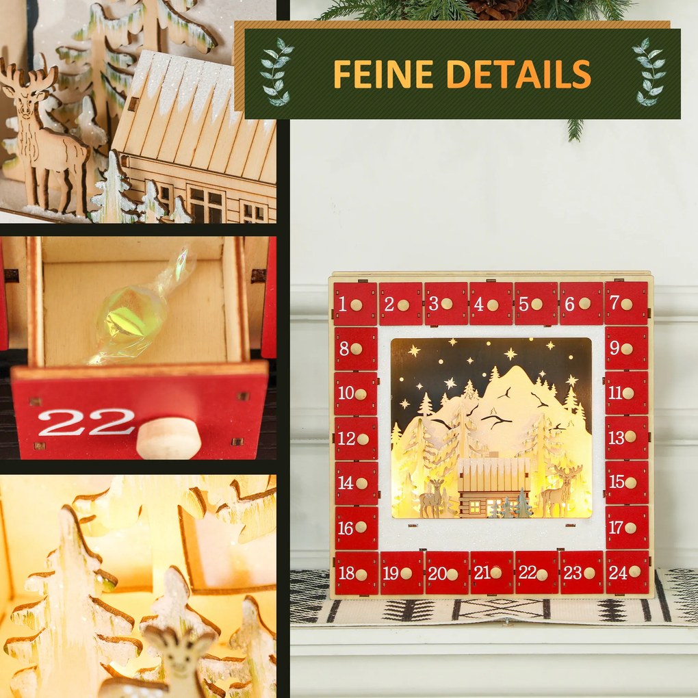 HOMCOM LED adventní kalendář s vesnickou scénou, 24 velkých zásuvek, MDF, 34 x 7 x 34 cm, červená