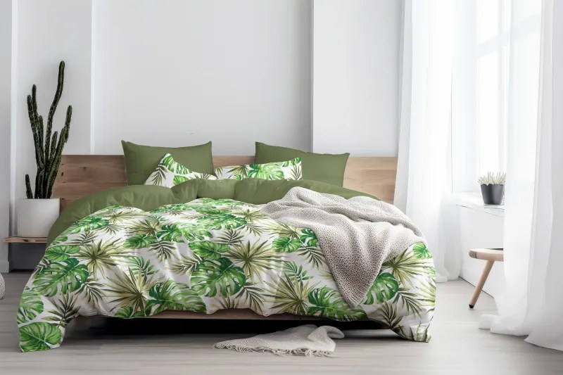 Ervi bavlněné povlečení oboustranné - Monstera zelená/olivové