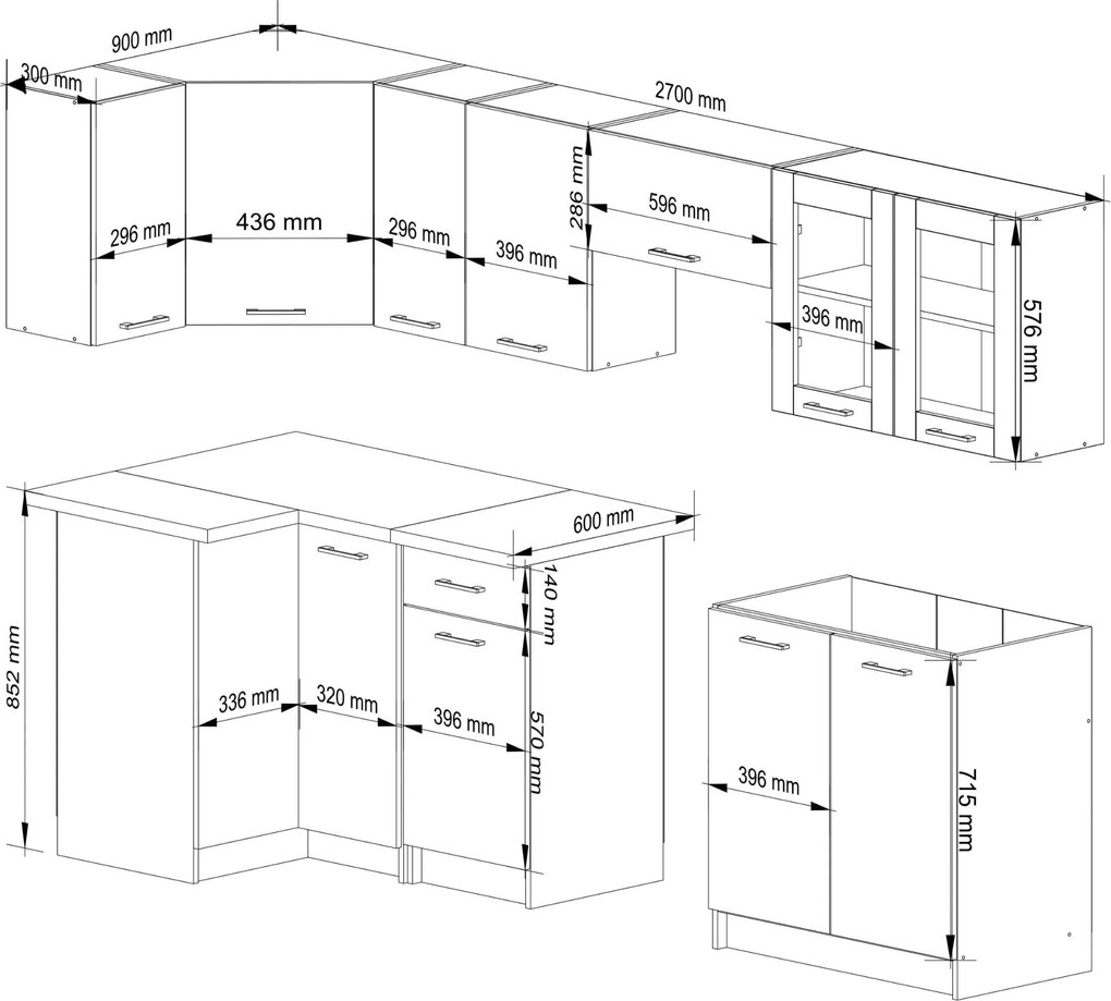 Kuchyňská rohová linka Olivie 3 m prosklená beton/dub sonoma