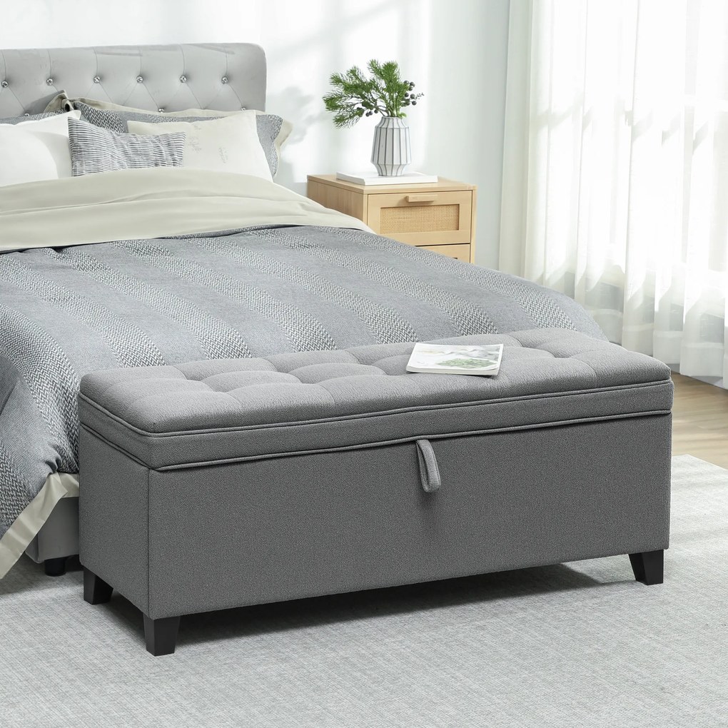 HOMCOM Lavice s úložným prostorem, polstrovaná lavice 120x40x48 cm s bezpečnostními panty, lněný vzhled, tmavě šedá