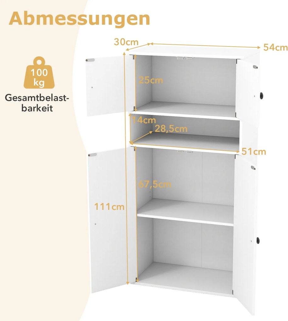 Costway 111 cm vysoká knihovna s 4 dvířky 4 Řadový úložný organizér