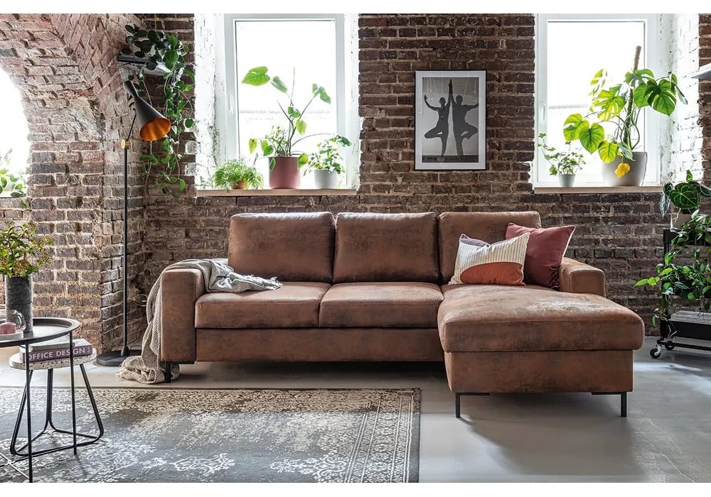 Hnědá rozkládací rohová pohovka z imitace kůže Miuform Lofty Lilly Vintage, pravý roh