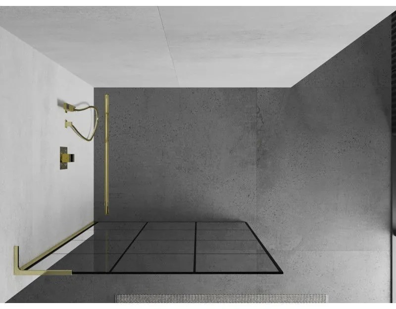 Mexen Kioto L, sprchová zástěna Walk-In 100 x 200 cm, 8mm čiré sklo černý vzor, zlatý lesklý profil, 800-100-103-50-77
