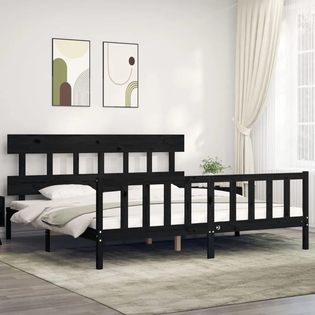 Rám postele s čelem černý 200 x 200 cm masivní dřevo 3193360
