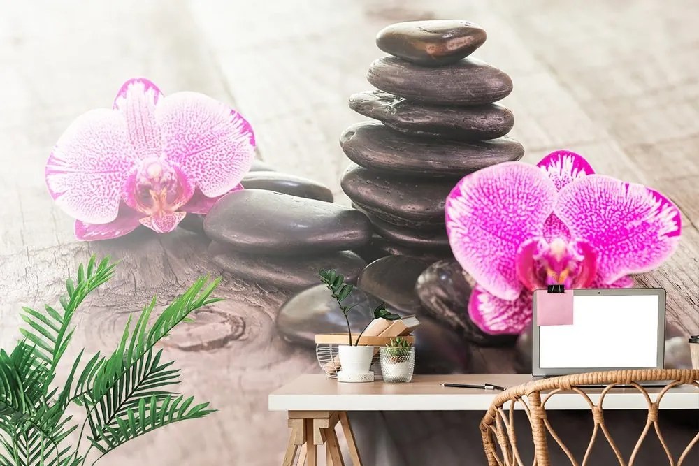 Samolepící fototapeta orchidej a Zen kameny na dřevě - 150x100 cm