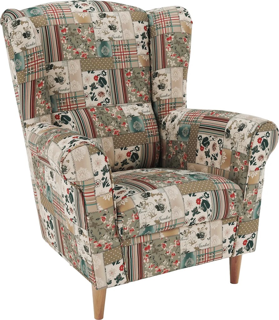 relaxační křeslo, ušák, dřevo/látka, nohy světlé/potah patchwork viorica 1, Tempo Kondela CHARLOT