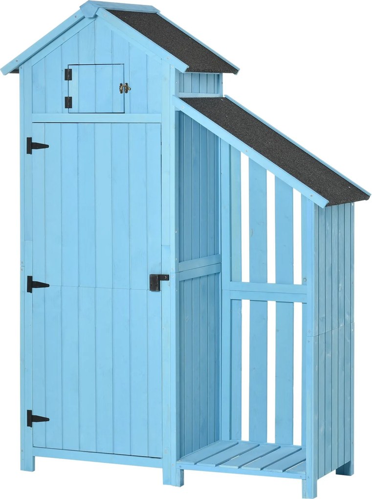 Zahradní domek Outsunny s vybavením a stojanem na dřevo, se 3 policemi, asfaltovou střechou z jedlového dřeva, Nebeská modř 130 x 54,5 x 180 cm | Aoso