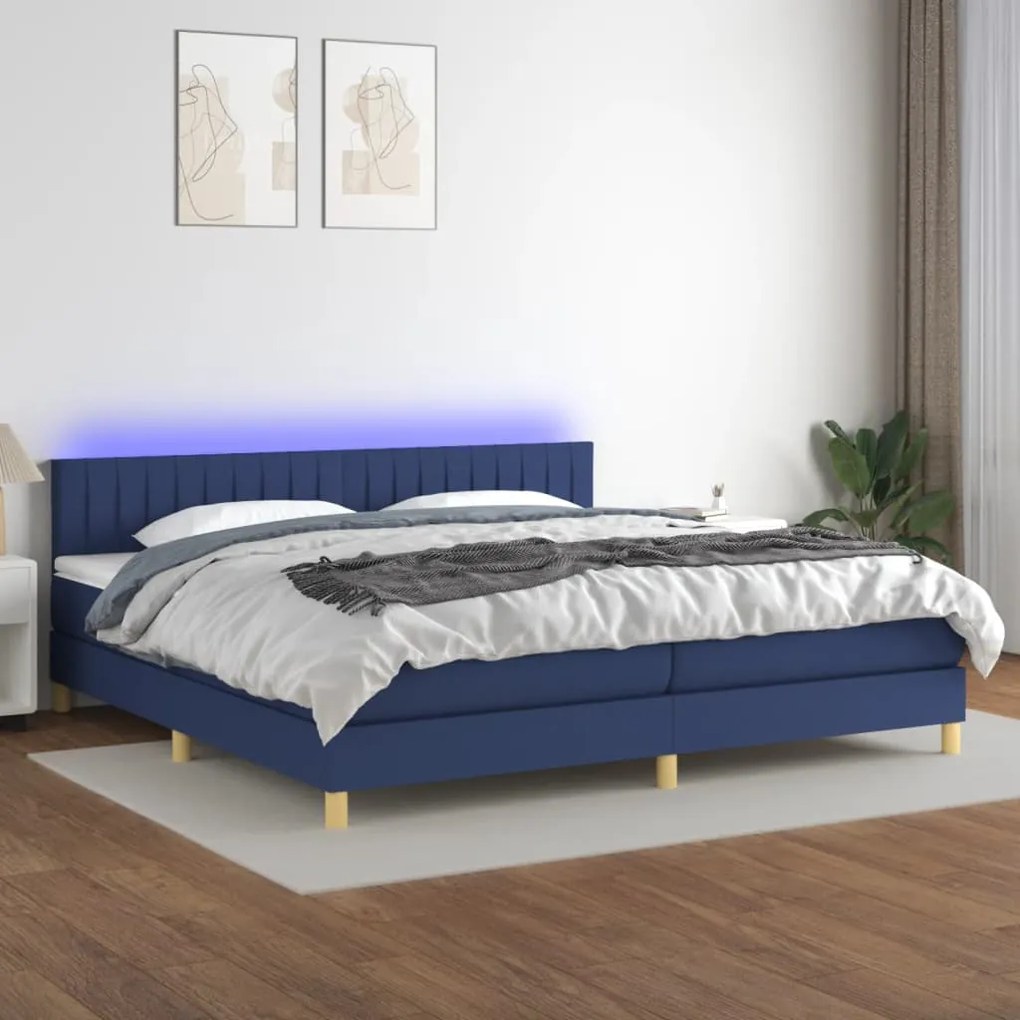 Box spring postel s matrací a LED modrá 200x200 cm textil