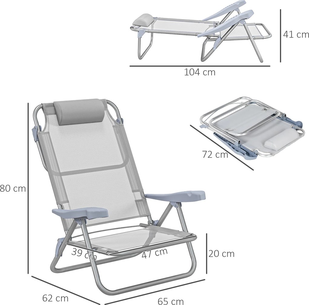 sada 2 skládacích kempingových židlí Kempingová židle s opěradlem ze síťoviny nastavitelným v 6 směrech Opěrka hlavy 62 x 65 x 80 cm Světle šedá