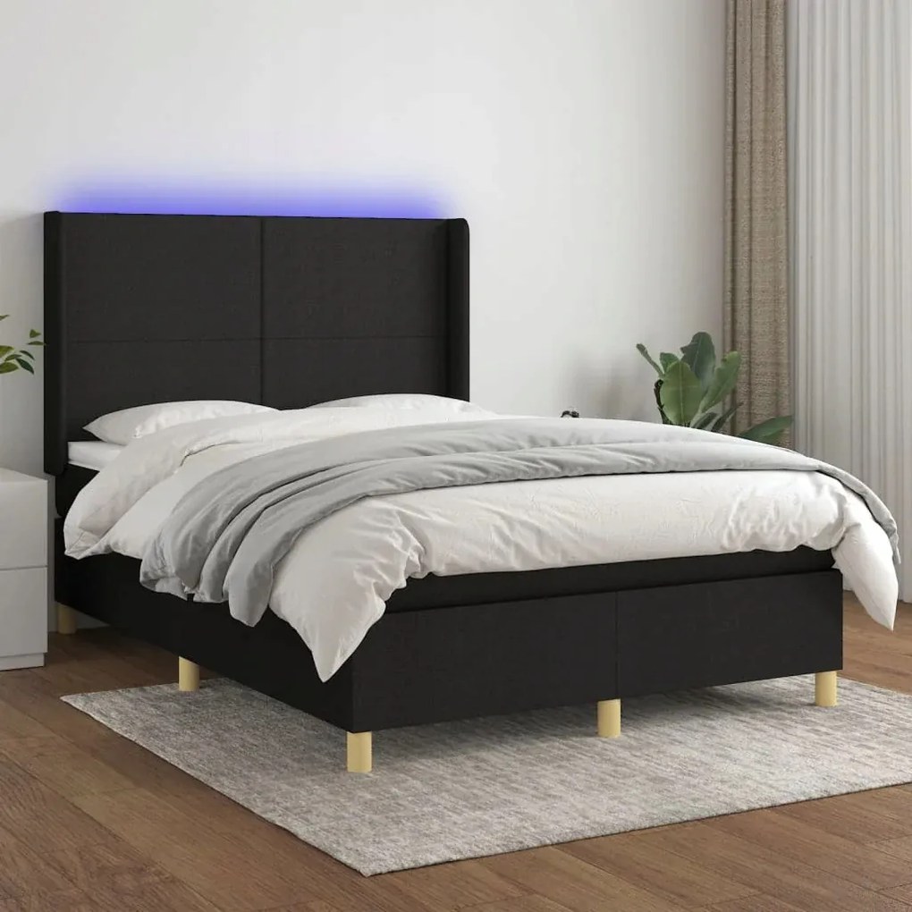 Box Spring Postel S Matrací A Led Černá Textil Černá Hladký design 140 x