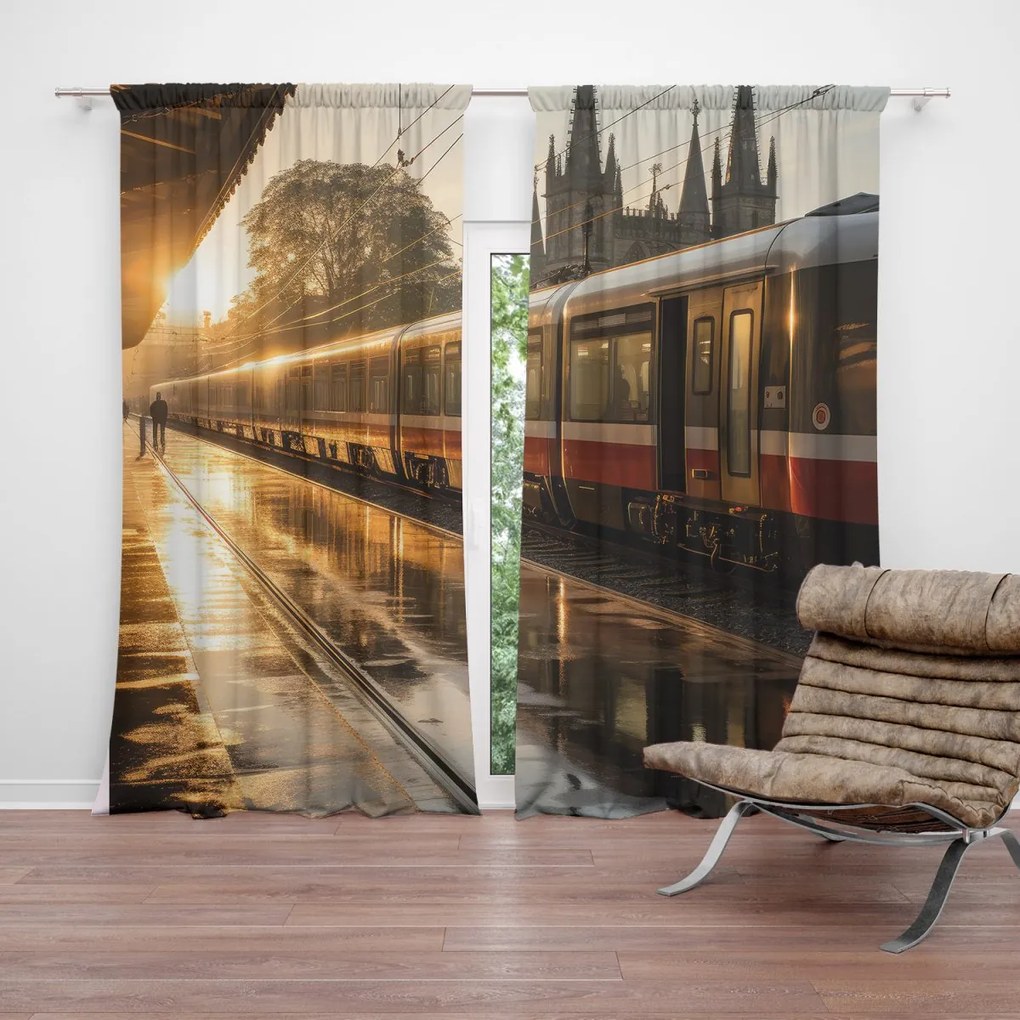 Sablio Závěs Vlak na nádraží při východu slunce: 2ks 140x250cm