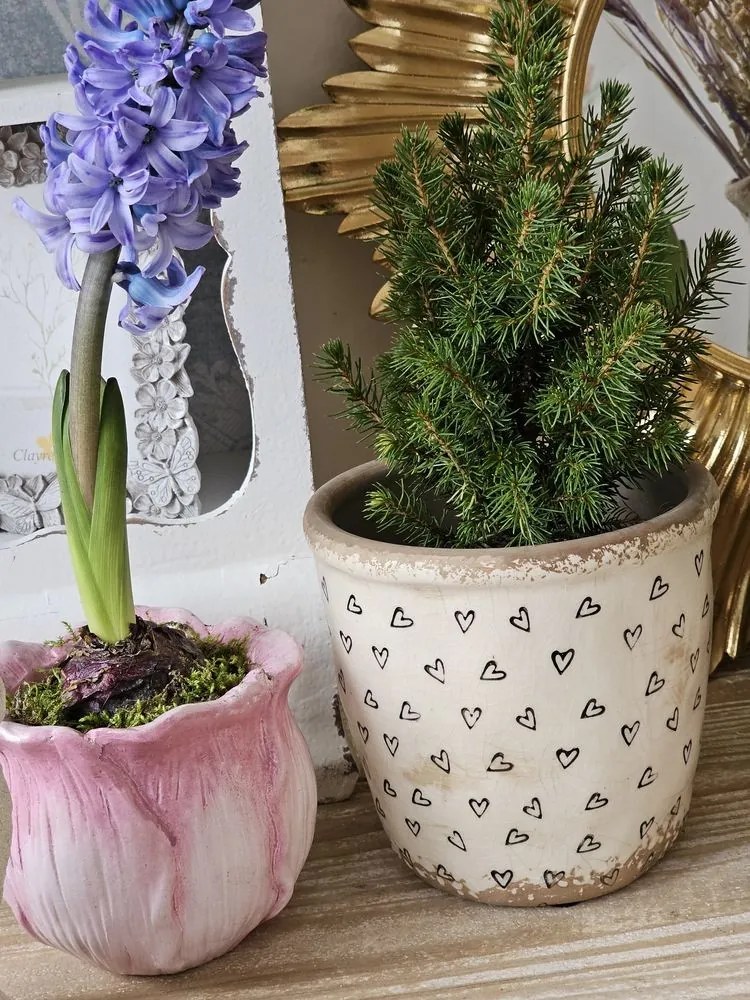 Růžový keramický obal na květináč ve tvaru květu tulipánu - Ø 12*10 cm