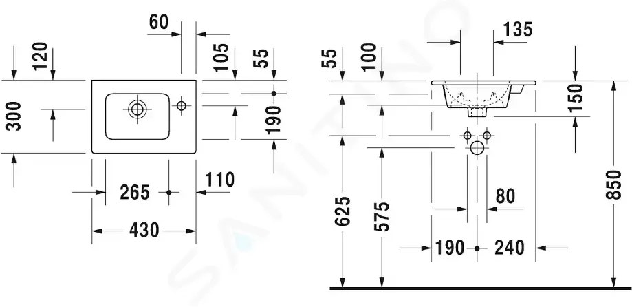 DURAVIT - ME by Starck Umývátko nábytkové 430x300 mm, bez přepadu, s otvorem pro baterii, WonderGliss, bílá (07234300411)