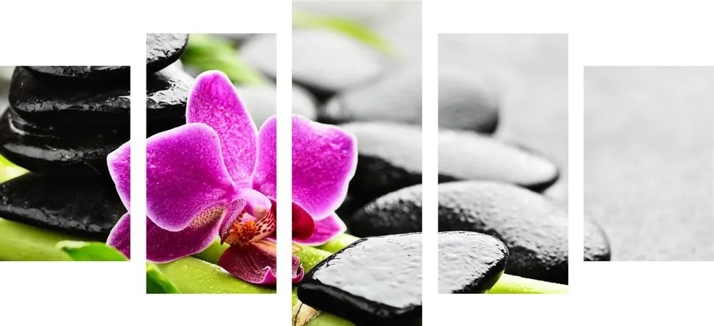 5-dílný obraz wellness zátiší s fialovou orchidejí - 200x100 cm