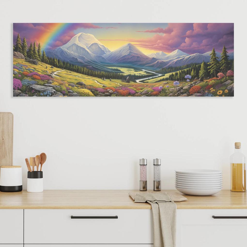 Obraz na plátně - Jehličnaté lesy a hory s duhou FeelHappy.cz Velikost obrazu: 240 x 80 cm