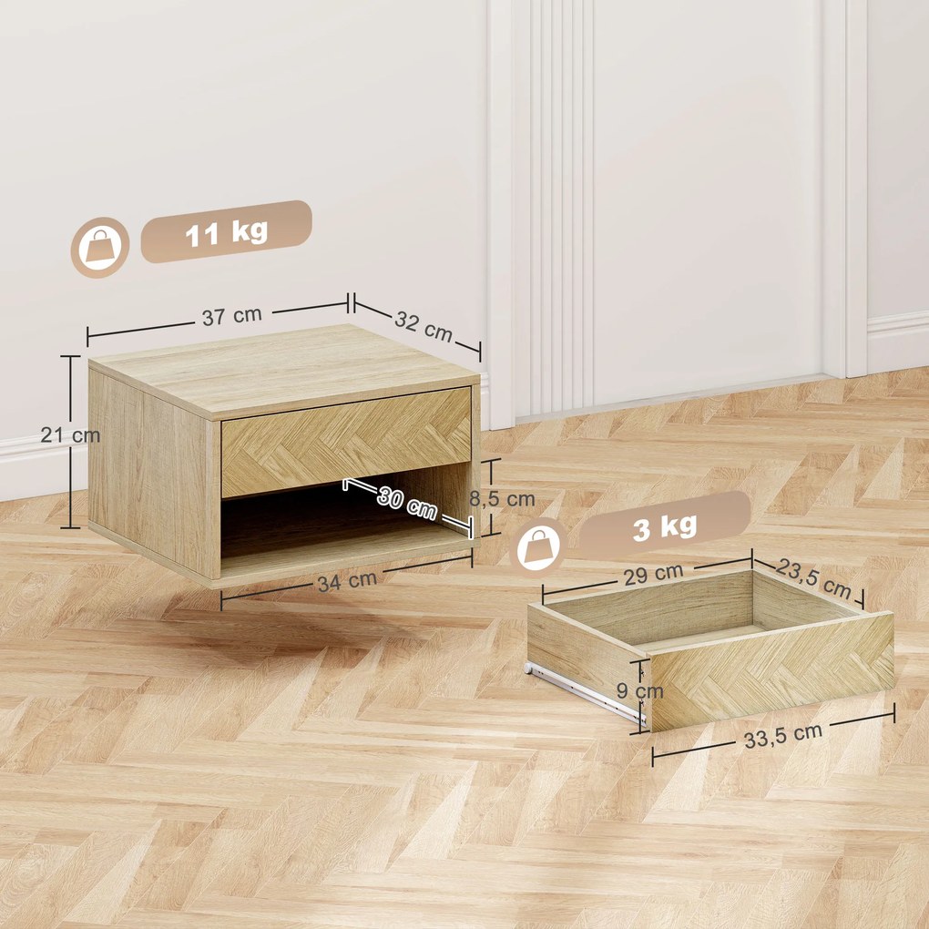 HOMCOM Sada 2 moderních závěsných nočních stolků s šuplíkem a otevřenou přihrádkou, 37x32x21 cm, přírodní dřevo