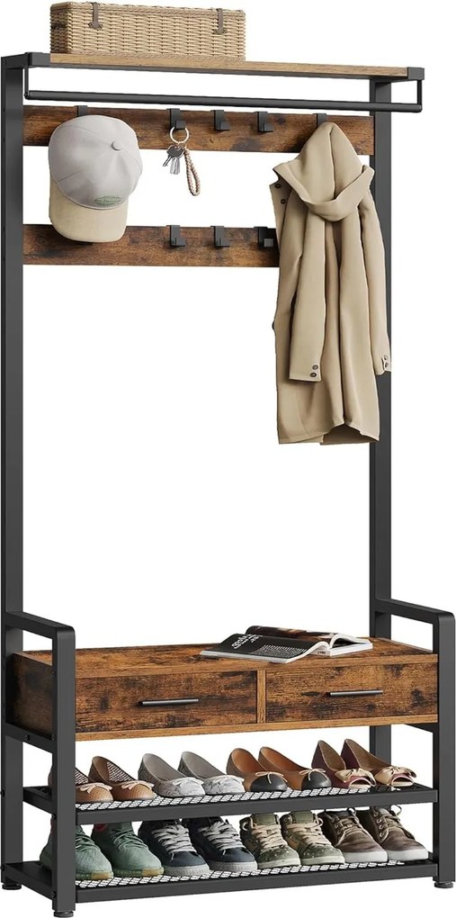 Předsíňová stěna s místem k sezení, úložným prostorem na boty, textilní zásuvkou, 30 x 80,4 x 181,6 cm, rustikální hnědá/černá