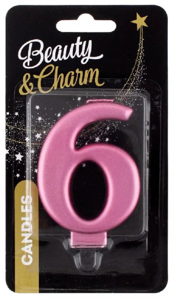 GoDan - svíčka dortová číslice 6 metalická, růžová 8 cm