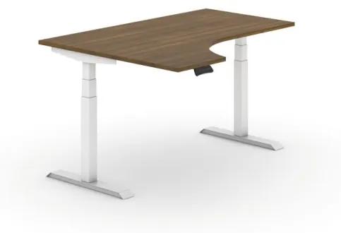Výškově nastavitelný stůl, elektrický, 625-1275 mm, ergonomický levý, deska 1600x1200 mm, ořech, bílá podnož