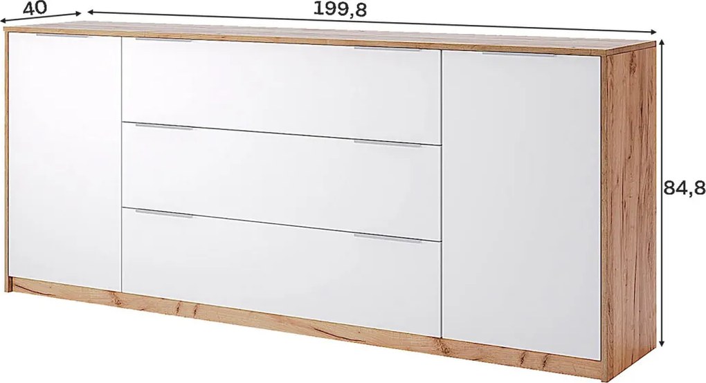 Komoda 2 dveře 3 zásuvky 200 cm dub kraft / bílá Asti