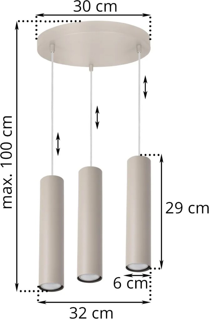 Závěsné svítidlo Tuba, 3x béžové kovové stínítko,