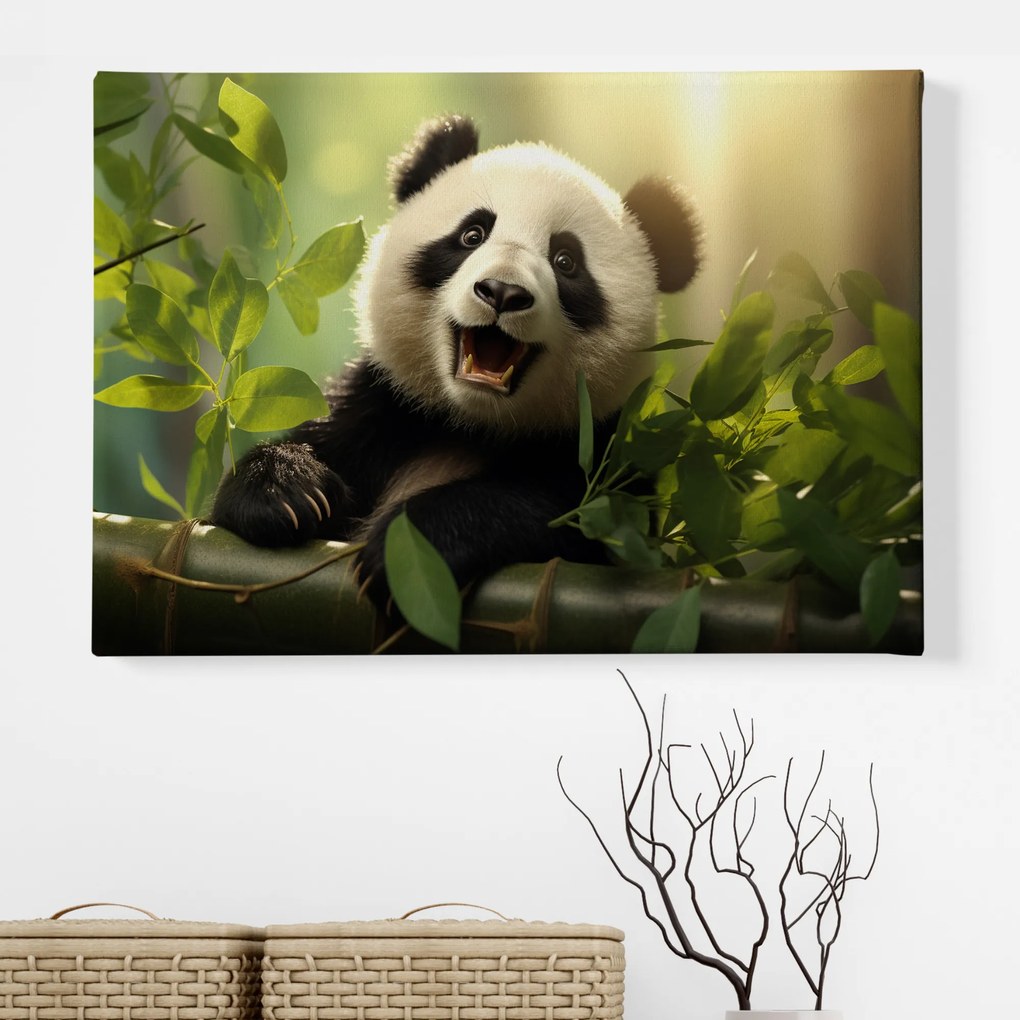 Obraz na plátně - Panda se spokojeně opírá o bambus FeelHappy.cz Velikost obrazu: 120 x 80 cm