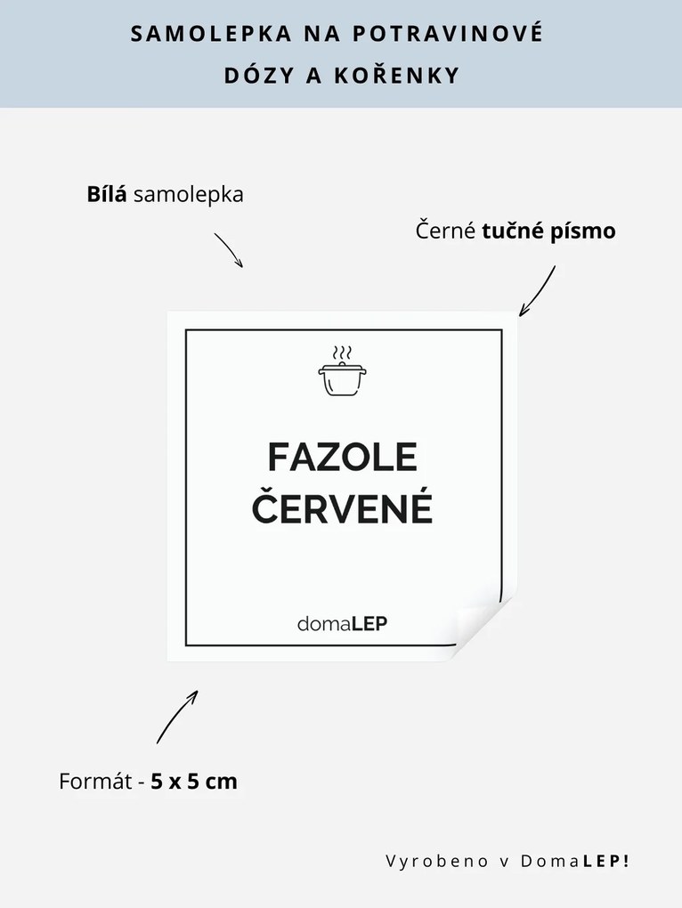 FAZOLE ČERVENÉ – bílá samolepka na dózu, tučné písmo, 5 × 5 cm | DomaLEP