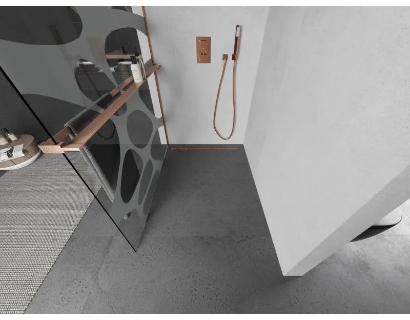 Mexen Kioto+, sprchová zástěna Walk-In s poličkou a věšákem 90 x 200 cm, 8mm čiré sklo bílý vzor, měděný matný profil, 800-090-121-65-97