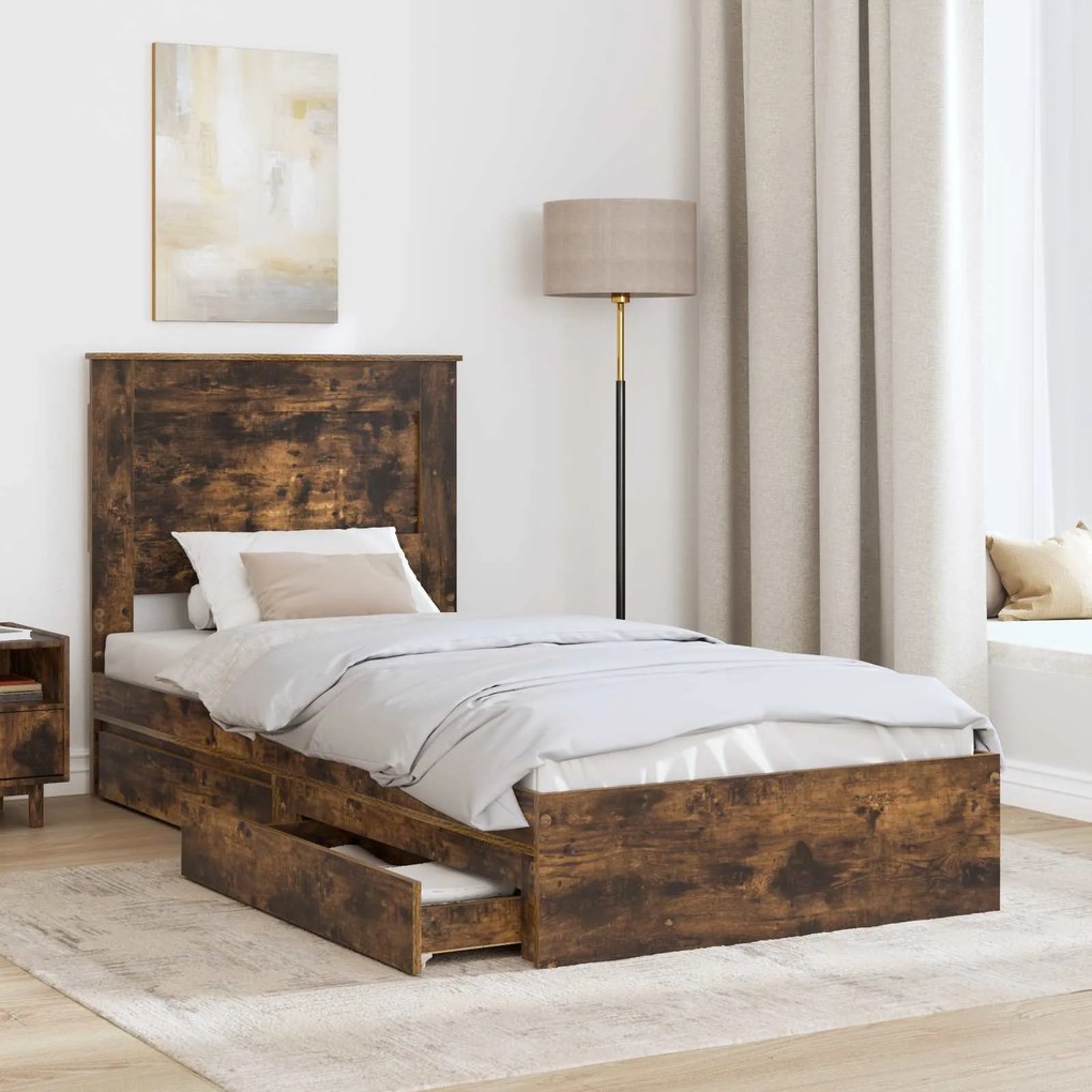 Postel s úložným prostorem se zásuvkou Kouřový dub 90 x 200 cm 3410277