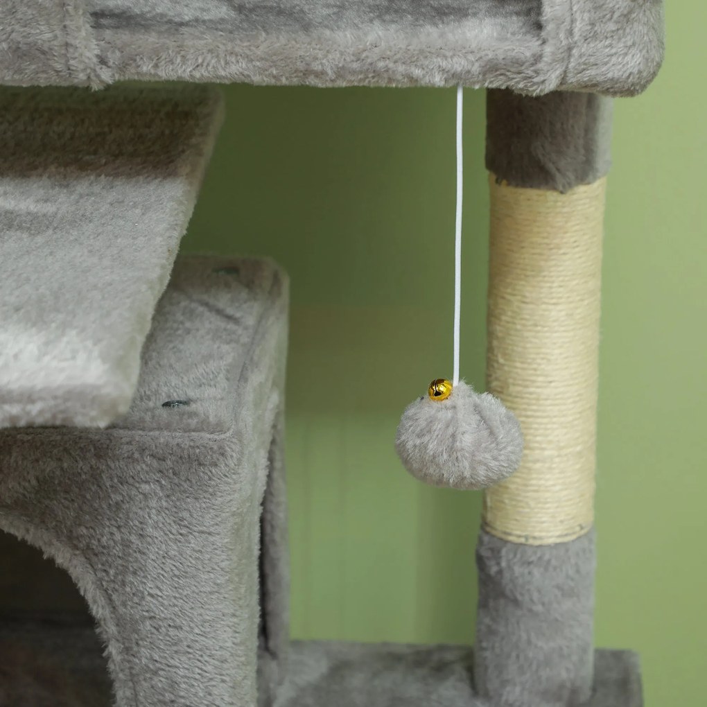 PawHut Kočičí škrabadlo výška 138 cm, strom pro kočky s sisalovými škrabacími sloupy, platformami, úkryty, zavěšenými míčky a hamakem, světle šedé