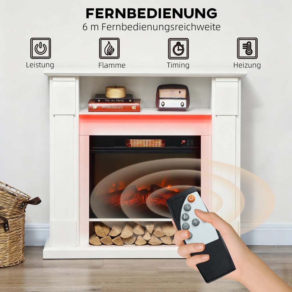 HOMCOM Elektrický krb s LED světly, realistický efekt plamenů, 1800W, krbový říms, 2 dálkové ovladače, sklo, bílá