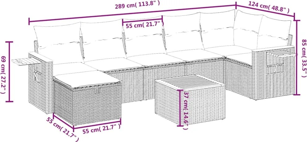 8dílná zahradní sedací souprava s poduškami černá polyratan 3265536